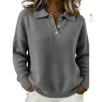 Generic Pull classique &agrave; col en V boutonn&eacute; pour femme - Couleur unie - Automne et hiver, gris, XXL