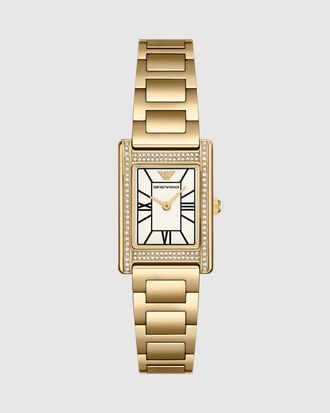 Emporio Armani Damenuhr aus goldfarbenem Edelstahl mit zwei Zeigern, AR11797
