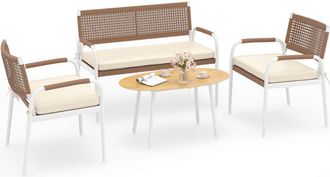 Costway Ensemble Mobilier de Patio 4 Pi&egrave;ces, Canap&eacute; 2 Places en Rotin PE, 2 Fauteuils avec Coussins dAssise, Table en Verre Tremp&eacute;, pour Balcon, Porche