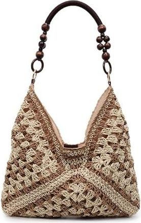 Generic Sac fourre-tout tissé pour femme, sac à main en paille, grand sac à main à bandoulière tendance, accessoire de plage bohème décontracté dété, Beige et