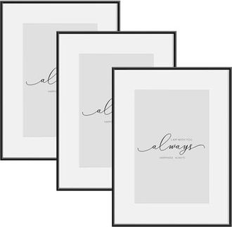 Woltu Cadre Photo A4 21x29,7cm en Aluminium Noir, Lot de 3 Cadre Décoration Murales avec Passepartout, Mural et à Chevalet pour Montage Mural Vitrage en Pla