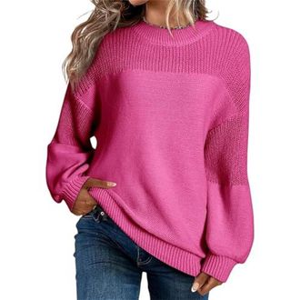 Generic Pull d&eacute;contract&eacute; &agrave; manches longues et col rond en tricot uni pour femme, pull d&eacute;contract&eacute; &agrave; manches longues et col rond, mignon, rose rouge, XXL