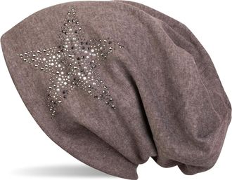 styleBREAKER Damen Slouch Beanie M&uuml;tze mit Strass Stern | Glitzer Longbeanie aus weicher Viskose | One Size f&uuml;r Erwachsene, Farbe:Braun meliert