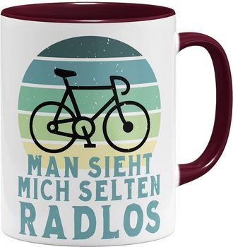 OM3 Fahrrad Tasse mit Spruch - Man Sieht Mich selten Radlos - Keramik Becher - 11oz 325ml - Beidseitig Bedruckt - Bordeaux