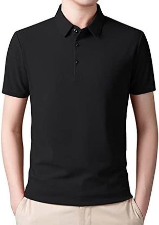 Generic Polo pour homme à manches courtes boutonné de couleur unie T-shirt de golf dété décontracté à 3 boutons, Polo noir pour homme, XL