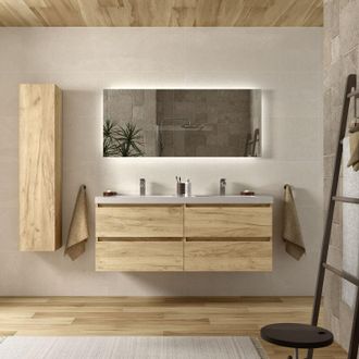 Cygnus Bath Meuble salle de bain - 140 cm - Plan double vasques charge min&eacute;rale - Effet ch&ecirc;ne brut - a suspendre - karaib