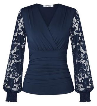 Grace Karin Femme &Eacute;l&eacute;gant Haut Dentelle Col V Crois&eacute; Sexy Blouse Portefeuille Pliss&eacute; Ajust&eacute; Festif