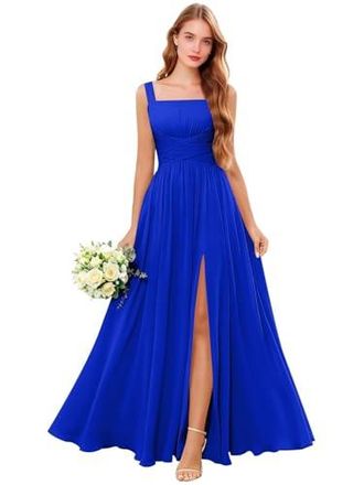 Generic Robe de demoiselle dhonneur en mousseline de soie plissée à col carré avec poches pour femme - Robe de soirée formelle trapèze avec fente, bleu marine