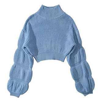 Generic Pull court d&eacute;contract&eacute; &agrave; col roul&eacute; pour femme, coupe d&eacute;contract&eacute;e, manches lanternes, pull en tricot c&ocirc;tel&eacute; rouge, taille S pour le quotidien, le trav