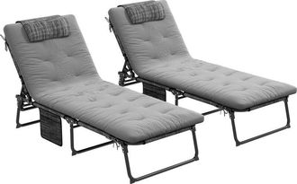 OUTSUNNY Lot de 2 transats bains de soleil pliables inclinables - t&eacute;ti&egrave;re, matelas &eacute;pais - m&eacute;tal tissu gris