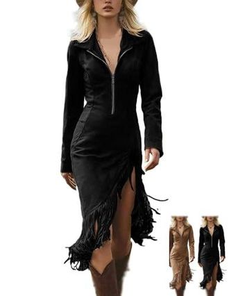 Generic 206 Robe western cowgirl en daim vintage &agrave; manches longues coupe ajust&eacute;e avec fermeture &eacute;clair &agrave; revers pour femme, Noir, 3XL