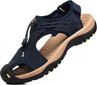 Rismart Homme Bout Ferm&eacute; Crochet&Boucle De plein air Randonn&eacute;e Cuir Chaussures Sandales SN1505(Bleu Marin,40.5 EU)