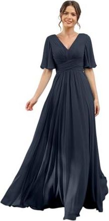 Generic Robe de demoiselle dhonneur en mousseline de soie plissée avec manches et col en V pour femme, robe de soirée formelle Chifon à volants, ZQ., XXL