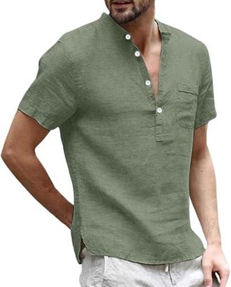 Generic Chemise d&eacute;t&eacute; boutonn&eacute;e en lin pour homme - Chemise d&eacute;t&eacute; en coton et lin - Chemise de plage l&eacute;g&egrave;re - &Eacute;l&eacute;gante chemise de vacances - Chemise &agrave; manches l