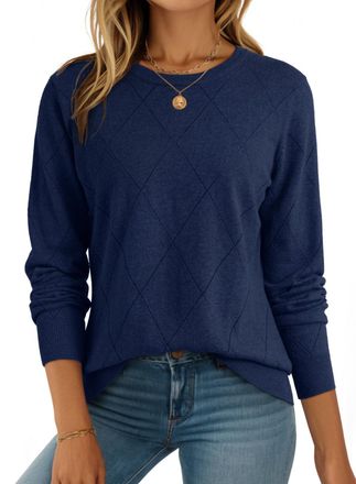 Dokotoo Pullover Damen Herbst Winter Wollmischung Rundhals Strickpullover Oberteile Langarm Warm Pulli Tops Casual Leichte Sweater Rautenmuster Weich Strickpu