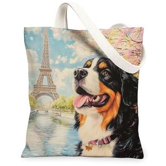 Generic Sac fourre-tout en toile motif chien de montagne bernois printanier 33 x 38,1 cm, tour romantique, sac d&eacute;picerie r&eacute;utilisable pour femme, animal domes