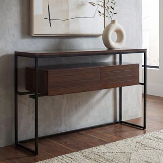 Mendler Konsolentisch HWC-P46, Telefontisch Beistelltisch Ablagetisch, Schublade Metall MDF Melamin 80x120x40cm - Walnuss-Optik