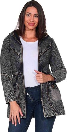 Kunst und Magie Langjacke Vintage Damen Kurz Mantel + Kapuze Stonewashed Jacke Baumwolle Boho Vintage Stonewashed