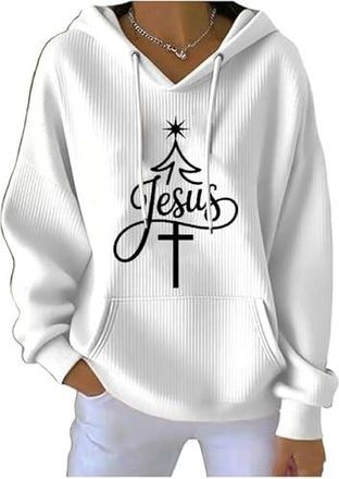 Generic Sweat à capuche décontracté imprimé foi de Noël pour femme Jésus arbre de Noël foi croix pull à capuche, blanc, 3XL