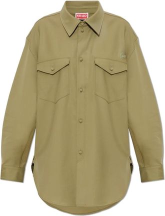 Kenzo Femme, Blouses et Chemises, Vert, Taille: 40 FR Chemise en laine avec logo brod&eacute;