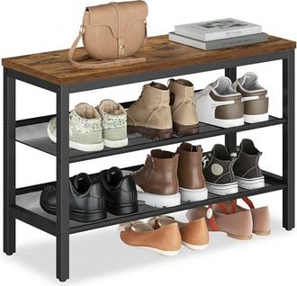 Vasagle Schuhbank mit 3 Ebenen, Schuhregal, Schuhablage, einteiliges Design, mit erh&ouml;hten Kanten, Industrie-Stil, einfache Montage, 28 x 75 x 50 cm, vintagebr