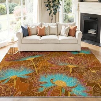 Generic Tapis 120 x 170 cm Lavable Poil Ras Anti Slip Chambre - Abstrait Feuille dor Chrysanth&egrave;me Fleurs Th&egrave;me Tapis de Salon, Brun Moquette Decoration Maison