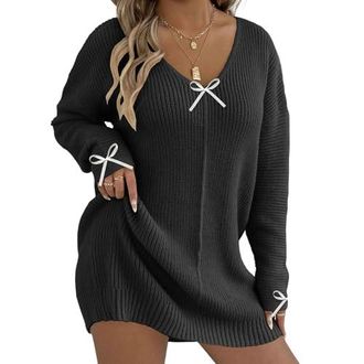 Generic Robe Pull Femme Manches Longues col V Ample Mini tricotée Hiver Tendance décontractée Tenue Chaude