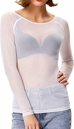 Onsoyours T-Shirt Femme Mesh Blouse Sexy Transparente Tops Moulant à Manches Longues Clubwear Haut en Maille Soirée Elastique Chemise Tulle Tee Shirt B Blanc XS