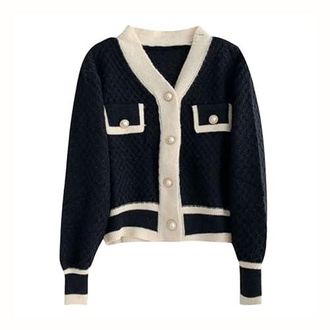 Generic Femmes Mode Cor&eacute;enne L&acirc;che Pull Manches Longues Tricot Cardigan Outwear Col V Manteau, Noir/blanc, taille unique