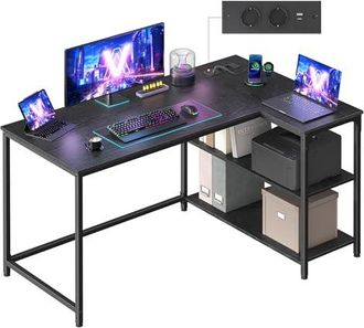 Vasagle Eckschreibtisch in L-Form, Computertisch mit Stauraum, B&uuml;rotisch, h&ouml;henverstellbare Ablage, f&uuml;r Homeoffice, mit 2 AC-Steckdosen und 2 USB-Anschl&uuml;ssen,