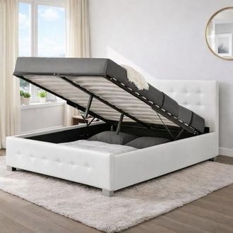 Concept Usine | Structure de Lit KENNINGTON Blanc Avec Coffre de Rangement Int&eacute;gr&eacute; | Gain de Place | Dimensions 140 x 190 cm | Cadre Au Design Simple, Epur&eacute; et El&eacute;g