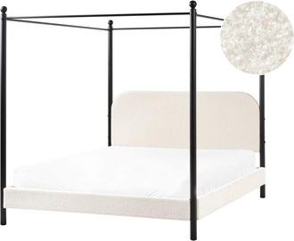 Beliani Beliani - Lit à Baldaquin Minimaliste en Bouclé 160 x 200 cm Cadre Métallique Noir Lattes Bois de Peuplier Blanc Cassé Dannemois
