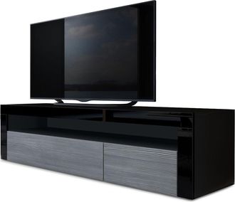 Vladon Lowboard Valencia, Made in Germany, TV-Kommode mit 1 offenem Fach und 2 Klappen, Schwarz matt/Avola-Anthrazit/Schwarz Hochglanz (155 x 46 x 40 cm)