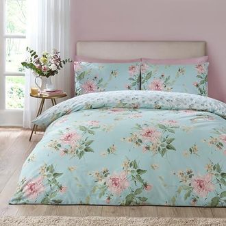 Catherine Lansfield Avebury Wende-Bettw&auml;sche-Set mit Kissenbez&uuml;gen, Blumenmuster, f&uuml;r Super-Kingsize-Bett, zartes Eierblau