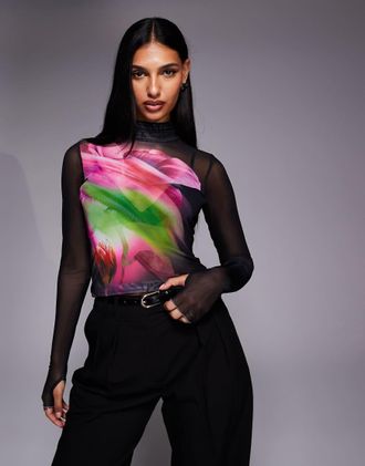 AFRM Zadie - Lang&auml;rmliges Netzstoff-Oberteil mit verschwommenem Pfingstrosenmotiv und Stehkragen-Schwarz