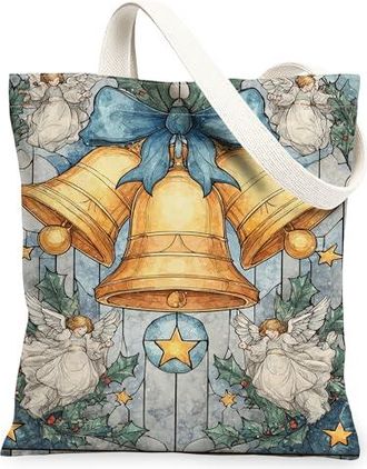 Generic Sacs fourre-tout en toile avec cloches de No&euml;l, motif ange vintage, sacs de courses r&eacute;utilisables, festifs, l&eacute;gers et lavables, bleu, 13x15 Inch