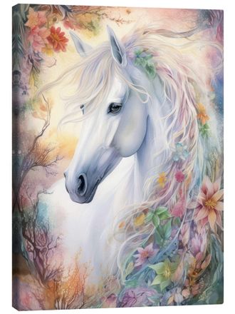 Posterlounge Traumhaftes Pferd mit Blumenmähne Leinwandbild von Dolphins DreamDesign 70 x 90 cm Bunt Wandbilder Wanddeko