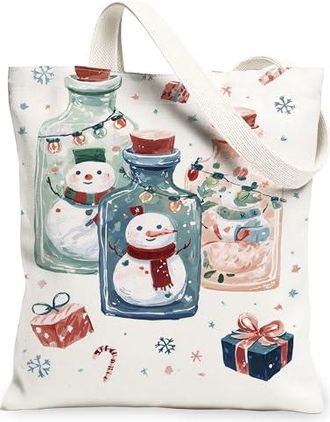 Generic Sacs fourre-tout en toile motif bonhomme de neige dhiver, sacs d&eacute;picerie r&eacute;utilisables, l&eacute;gers et lavables avec bandouli&egrave;re en toile pour Sho, blanc, 