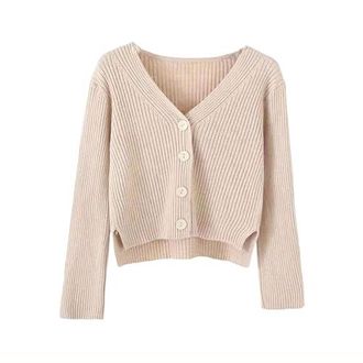 Generic Cardigan court &agrave; col en V pour femme - Style d&eacute;contract&eacute; - Manches longues - En tricot simple, abricot, Taille Unique