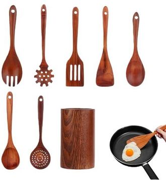 Generico Collection dustensiles de cuisine - Huit articles r&eacute;sistants &agrave; la temp&eacute;rature, spatules en bois, outils robustes pour les repas en plein air, articles