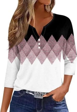 Generic HUIFUAO T-Shirts pour Femmes, T-Shirts dété à Boutons avec col en V et Manches 3/4 pour Femmes, Haut rayé de Couleur, t-Shirt dété Basique pour Femme,
