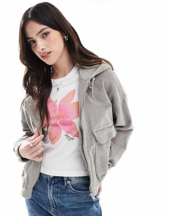 Only Veste zippée à capuche en velours côtelé - Gris