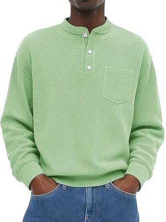 Generic Polo gaufr&eacute; pour homme avec poche de poitrine et col rond - T-shirt Henley grande taille - T-shirt &agrave; bouton 1/4 - Coupe confortable - Couleur unie - P