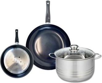 Fackelmann ELO 9725250 Batterie de cuisine 3 pi&egrave;ces, Ensemble de 2 Po&ecirc;les de cuisson 20 et 28 cm et 1 faitout 24 cm Elo Prima Brillant, inox, induction, Noir