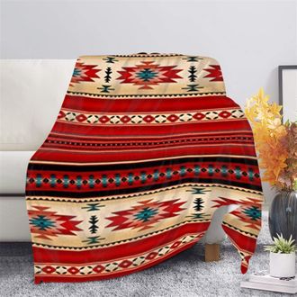 Hugs Idea Tribal Decke Navajo Aztekenmuster Streifen Überwurfdecke Matte für Sofa Couch Südwestliches Ethno-Muster Outdoor Camping Decke Picknickmatte Rot - XS