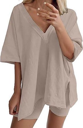 Generico Lot de 2 t-shirts de grande taille pour femme avec encolure en V et manches courtes, coupe d&eacute;contract&eacute;e, kaki, XL