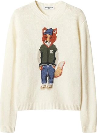 Maison Kitsun&eacute; Pull en laine avec renard intarsia &agrave; col rond - Femme - Pulls - Beige - Taille: 36 FR