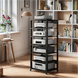 Generic Verstellbares 7-stufiges Audio-Komponenten-Rack Aus Holz Und Stahl Mit 360&deg; Drehbaren, Feststellbaren Rollen | Vielseitige Aufbewahrungsm&ouml;glichkeit fo