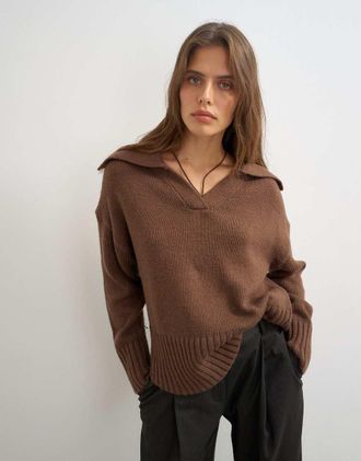 Topshop pull polo en maille &agrave; col avec ourlet arrondi en laine, couleur pecan-Marron