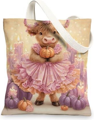 Generic Sac fourre-tout en toile de vache mignonne, adorable motif animal, sacs de courses réutilisables, style pastel fantaisie, sacs à bandoulière légers et